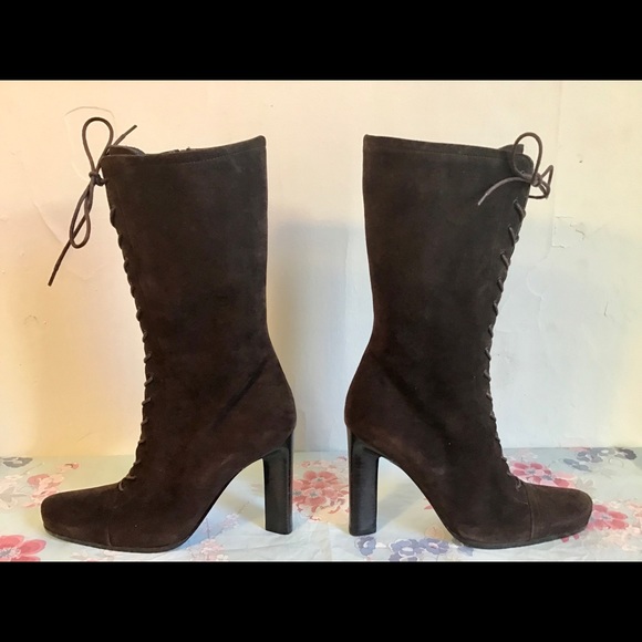 Prada | Shoes | Prada Brown Suede Lace Up High Heel Boots | Poshmark